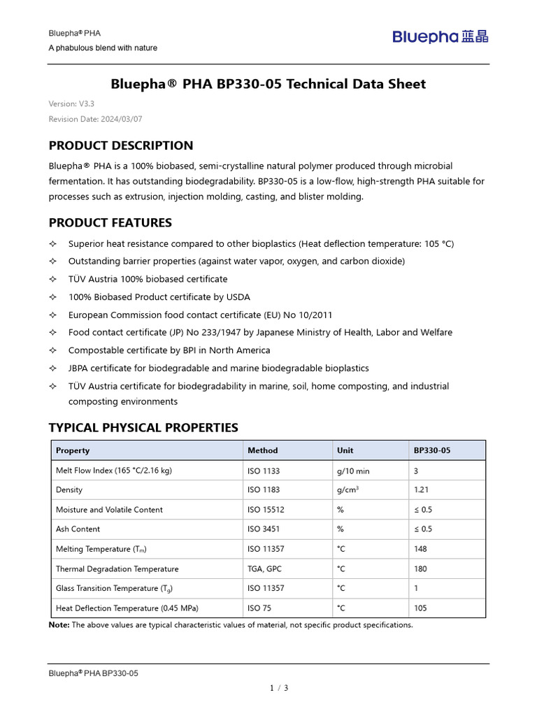 Bluepha® PHA BP330-05 Technical Data Sheet V3.3 | Download Free PDF ...