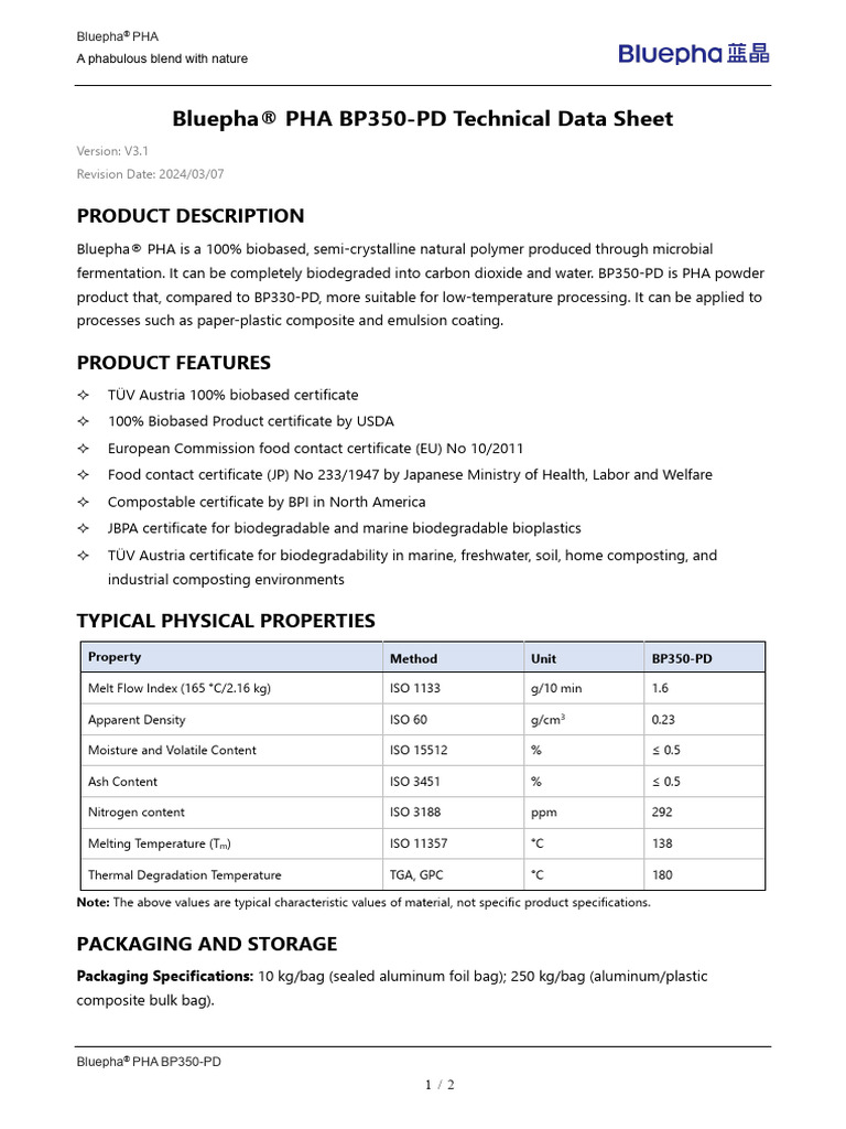 Bluepha® PHA BP350-PD Technical Data Sheet V3.1 | PDF | Biodegradation ...