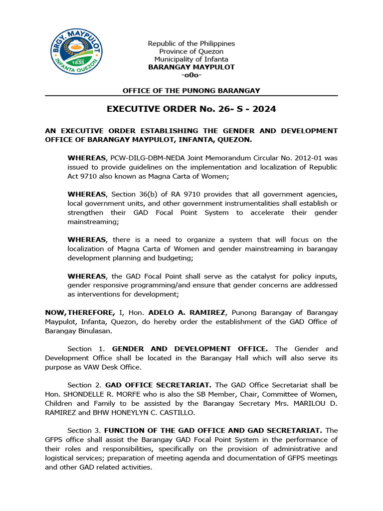 EO 26.0 Barangay GAD Office Maypulot | PDF | Justice | Crime & Violence