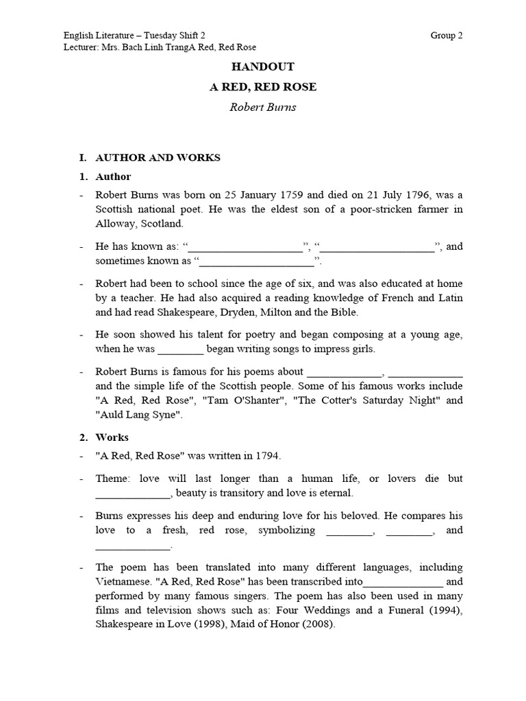A RED, RED ROSE Handout | PDF | Metre (Poetry) | Poetry