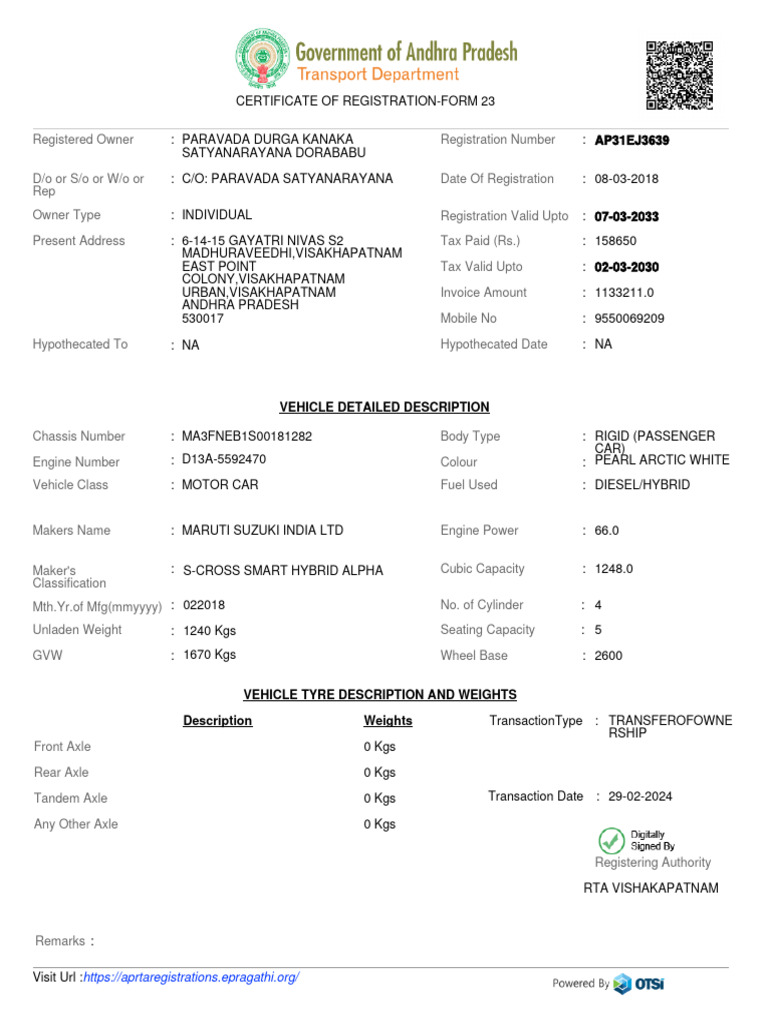 Vehicle Registration Details AP31EJ3639 | PDF | Axle | Automotive Industry