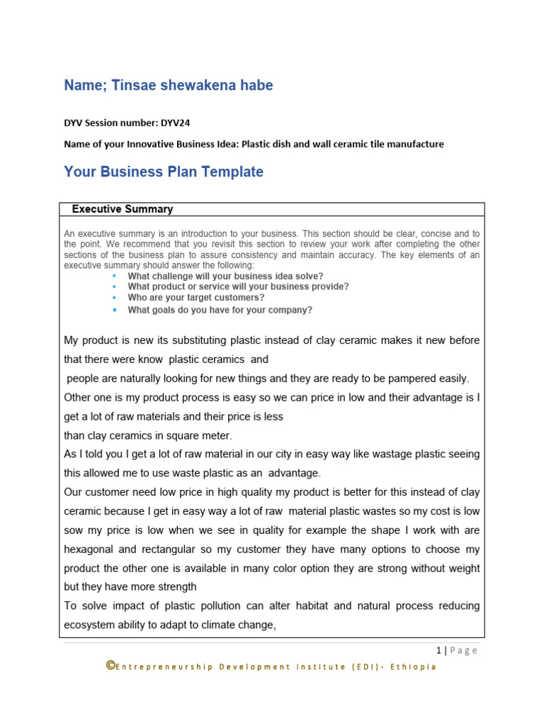 Tinsae Busines Plan Pitch 2 | PDF | Economies | Business Economics