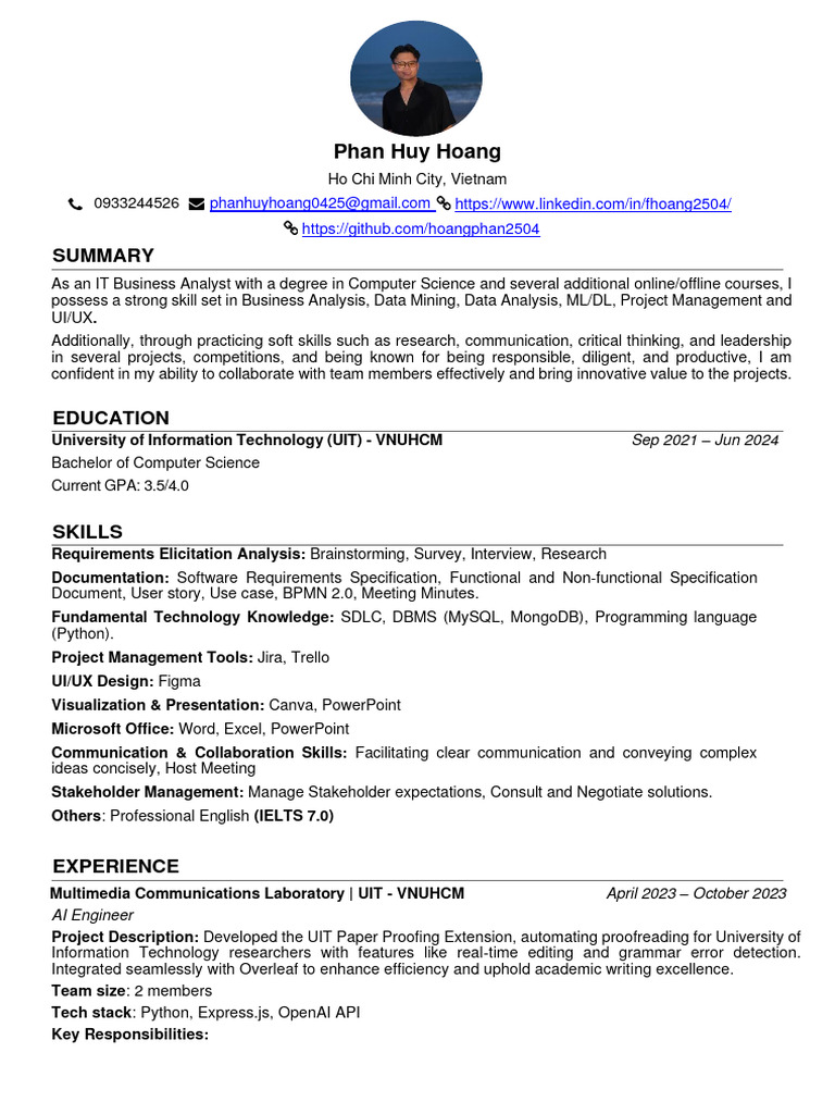 Phan Huy Hoang CV BA | PDF | Scrum (Software Development) | Computing