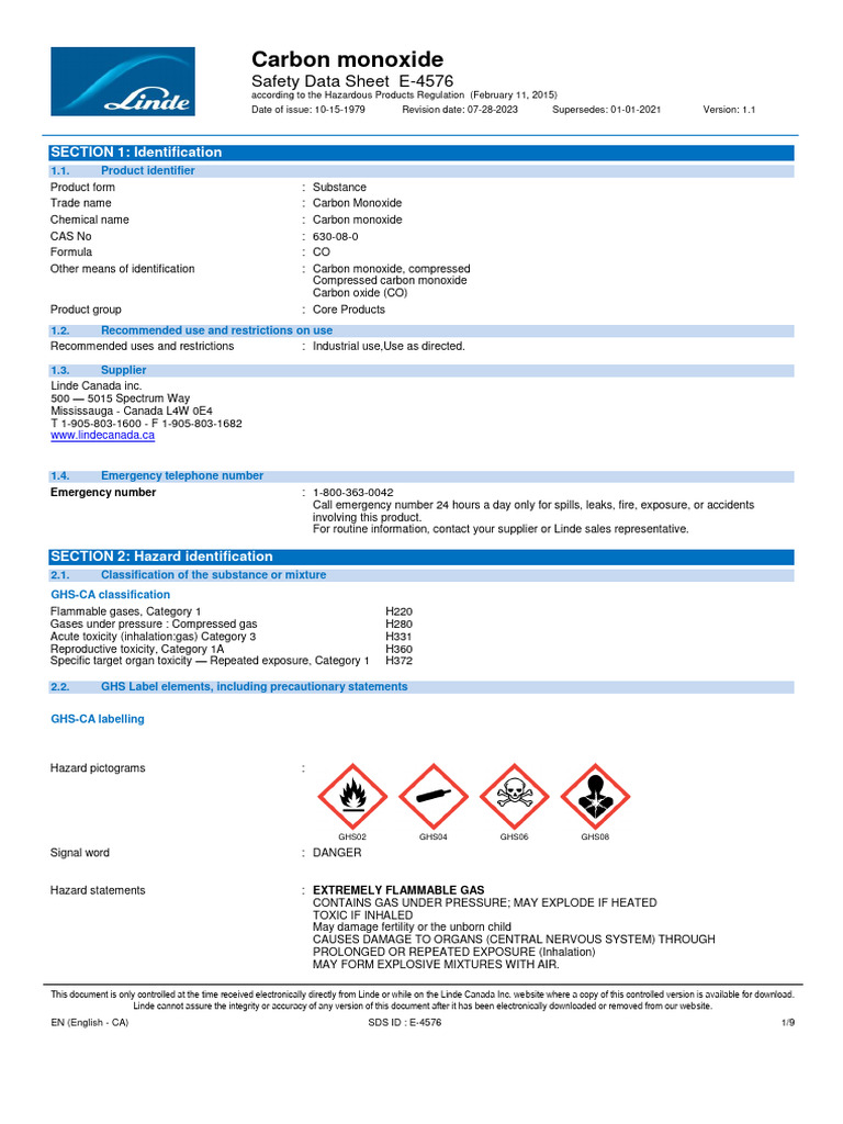 Carbon Monoxide Safety Data Sheet | PDF | Occupational Safety And Health | Safety