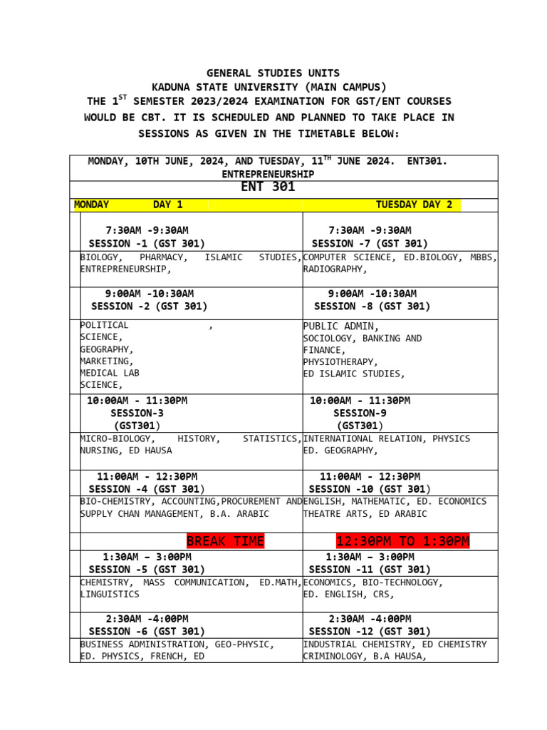 Updated Gst&Ent Timetable | PDF | Science