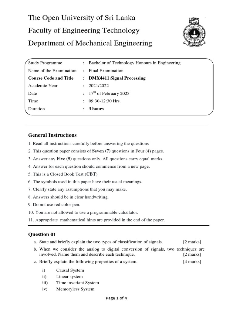 DMX4411 - Final Examination - 2022 | PDF | Applied Mathematics | Signal Processing