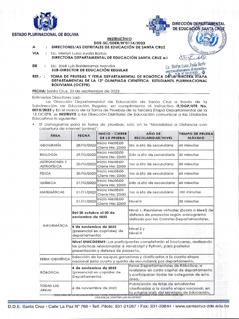 Instructivo 0114-2023 Toma de Pruebas Etapa Dptal 12a Ocepb - SCZ | PDF