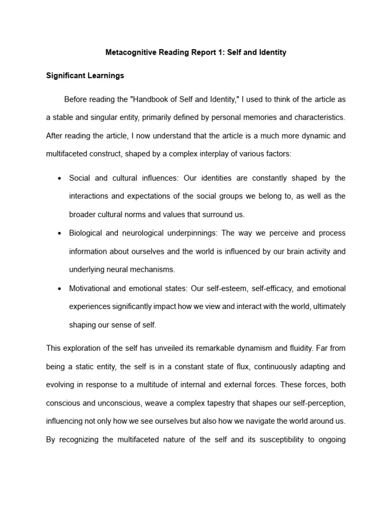 Metacognitive Reading Report 1 - Self and Identity | Download Free PDF | Identity (Social ...