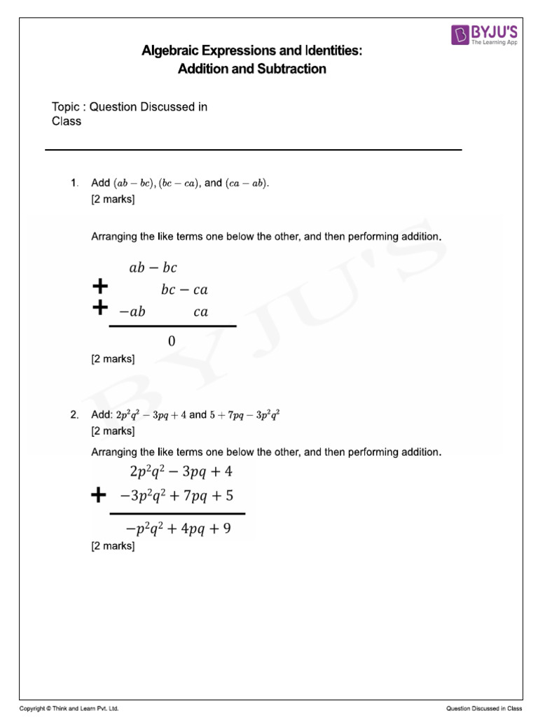 Algebraic Expressions and Identities - Addition and Subtraction - in ...