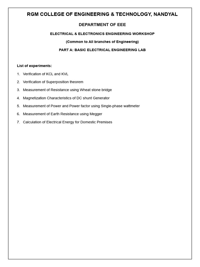 BEEE (PART A BASIC ELECTRICAL ENGINEERING LAB) Manual | PDF | Voltage | Electrical Network