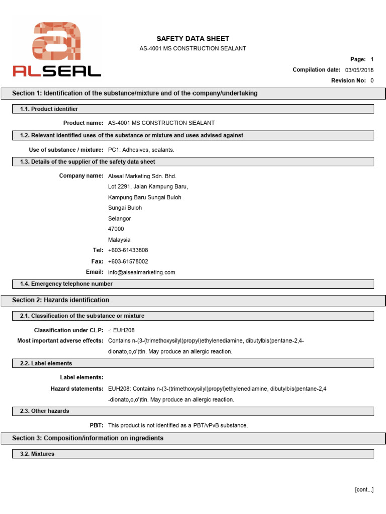 Alseal Hybrid Sealant MSDS | PDF | Occupational Safety And Health ...