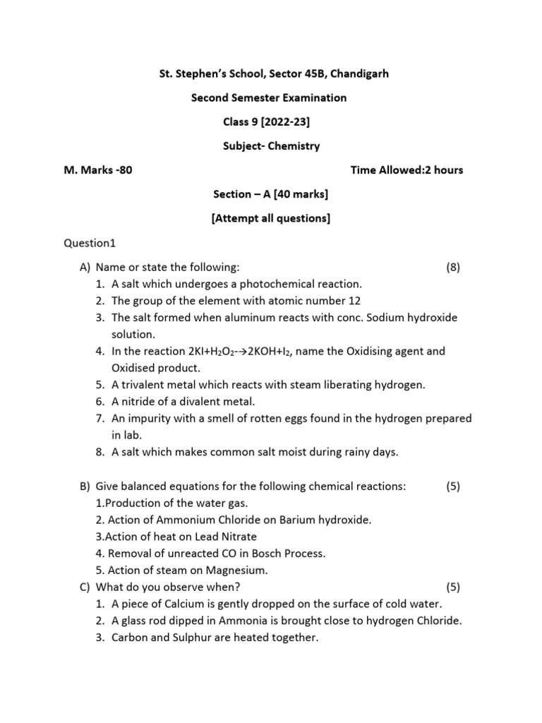 9-Chemistry-Second Semester Examination-14-03-2022 | PDF | Chemical ...
