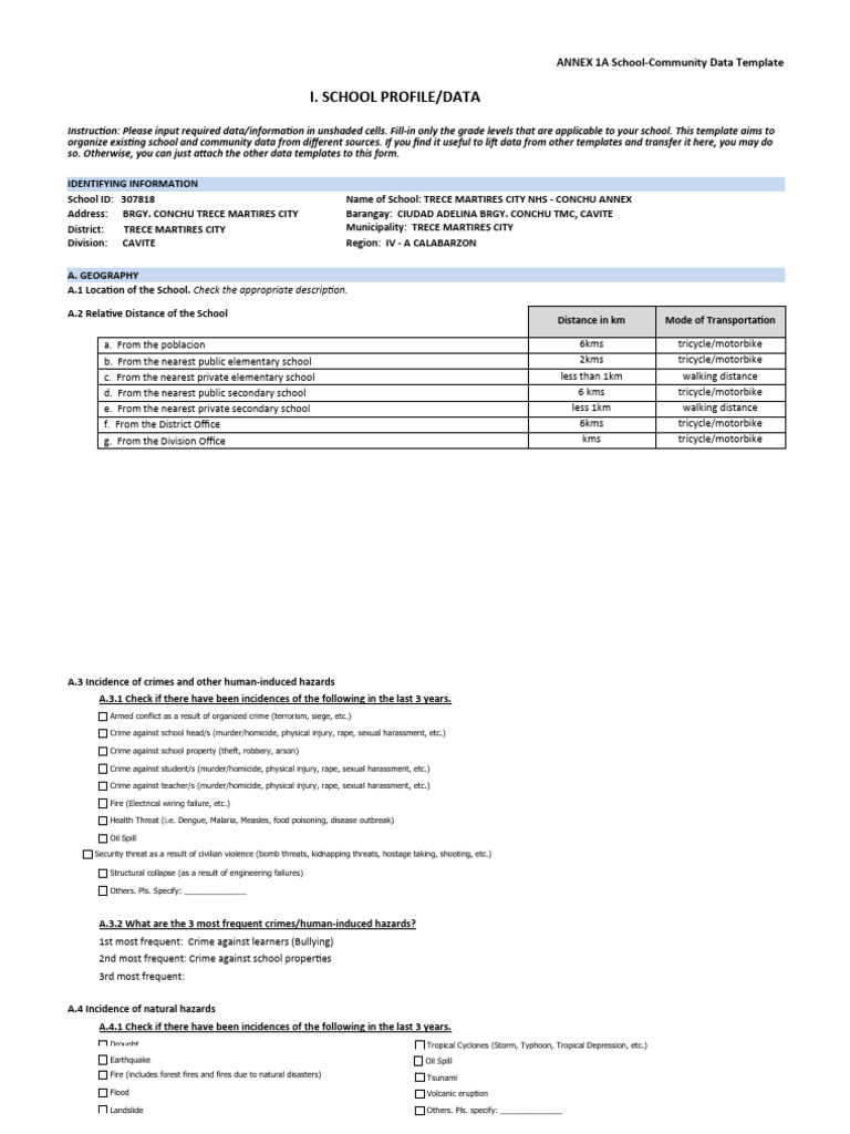 1A School-Community Data Template | PDF | Natural Disasters | Hazards