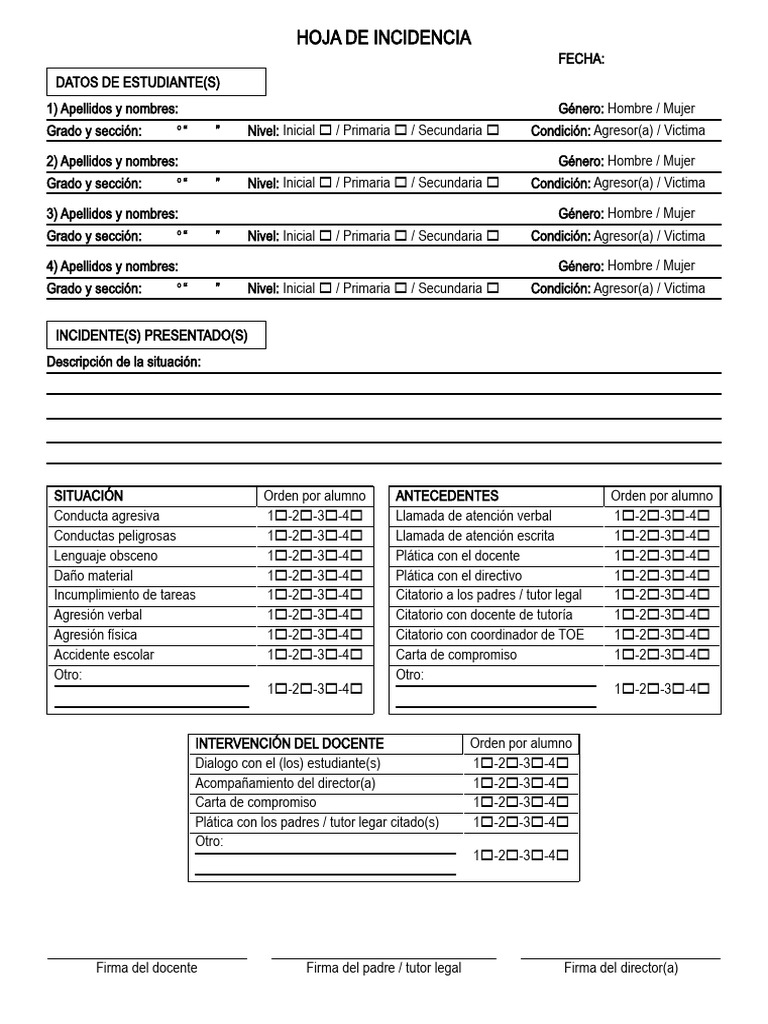 Hoja de Incidencia | PDF | Agresión | Comportamiento problemático