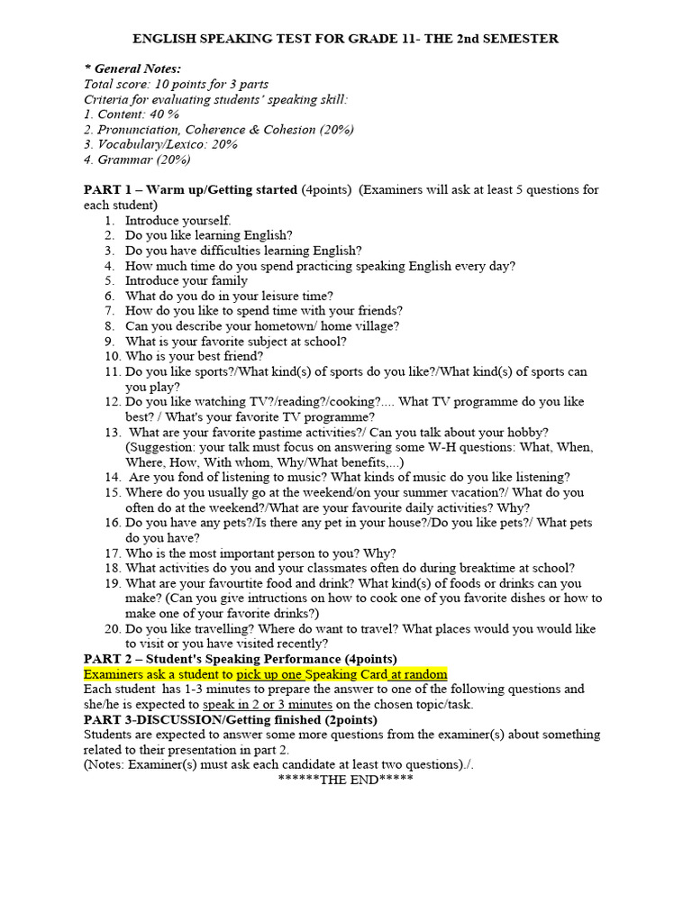 g11 Speaking Test - 2nd Term | PDF | Hobbies | English Language
