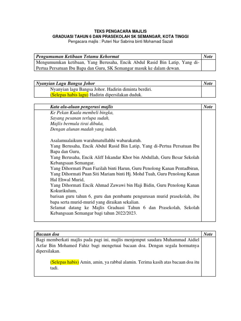 Teks Pengacara Majlis Graduasi Tahun 6 Prasekolah 13 Februari 2023 | PDF