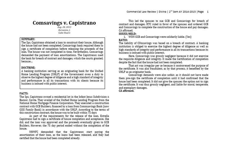 Commsavings V Capistrano | PDF | Loans | Damages