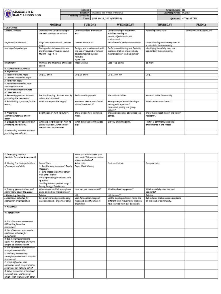 DLL_MAPEH 3_Q4_W8 | PDF | Learning | Behavior Modification