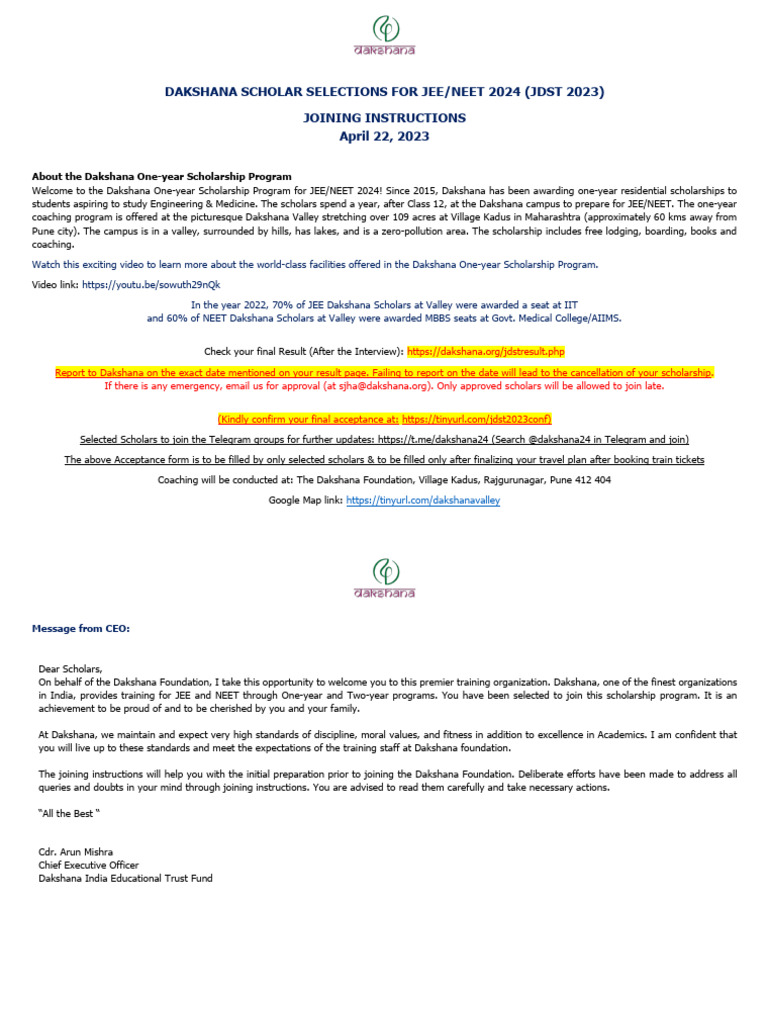 JDST Joining Instruction 2023 | PDF