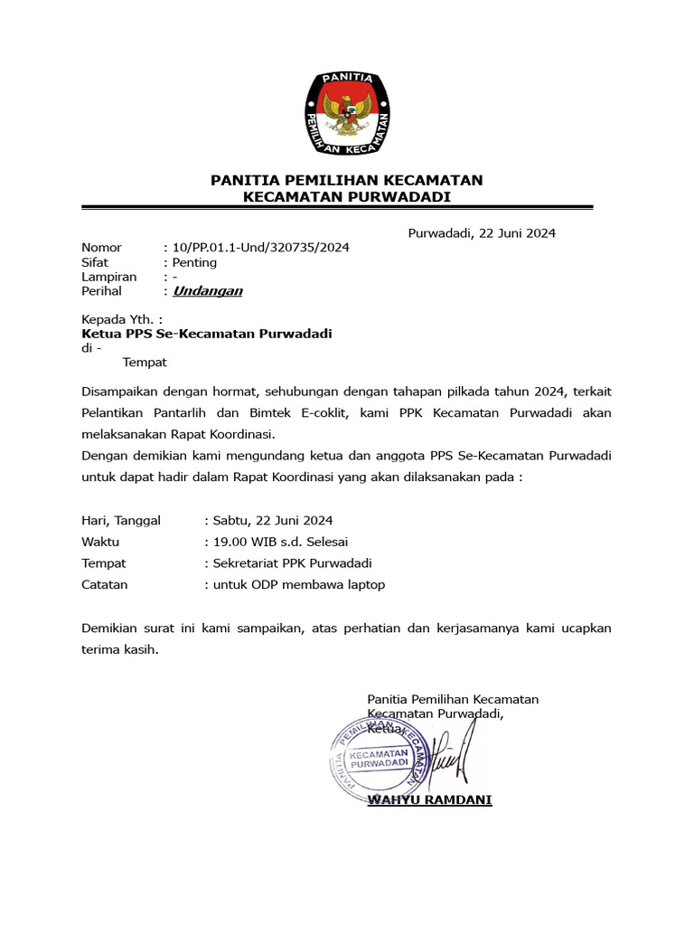Undangan Rapat Koordinasi Pilkada 2024 | PDF