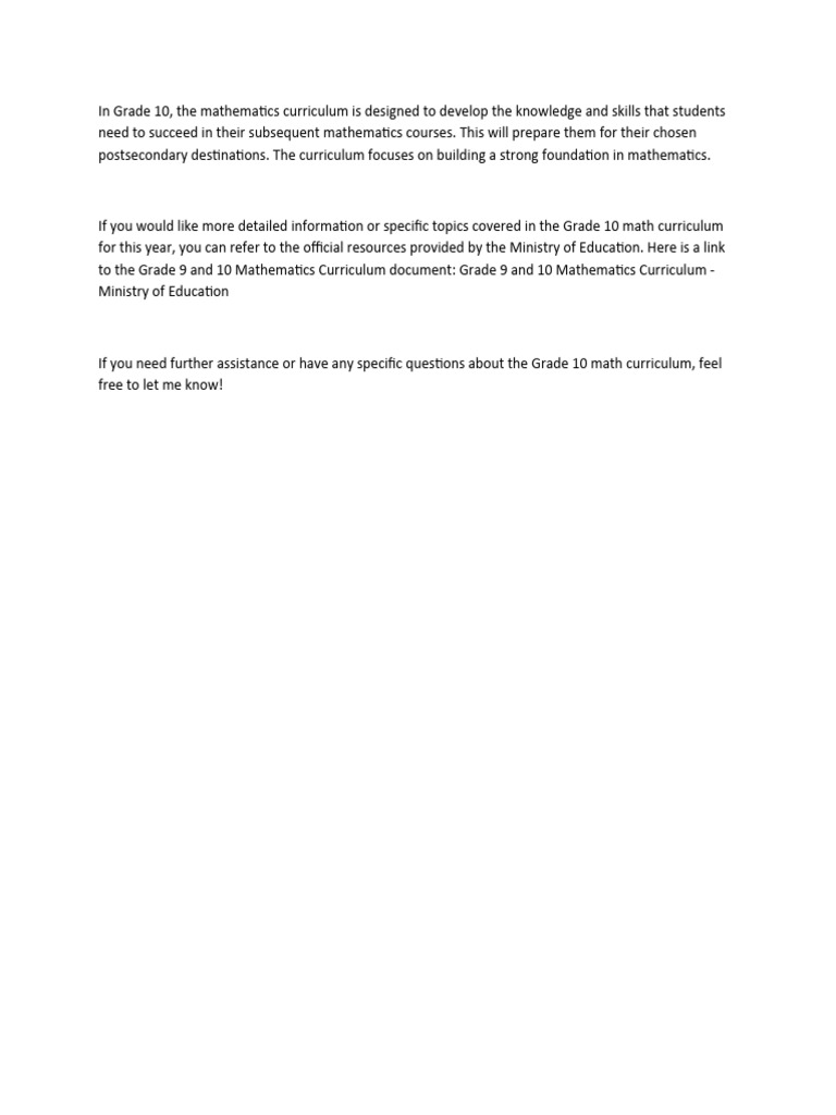 Grade 10 Mathematics Curriculum Overview Pdf Career Growth