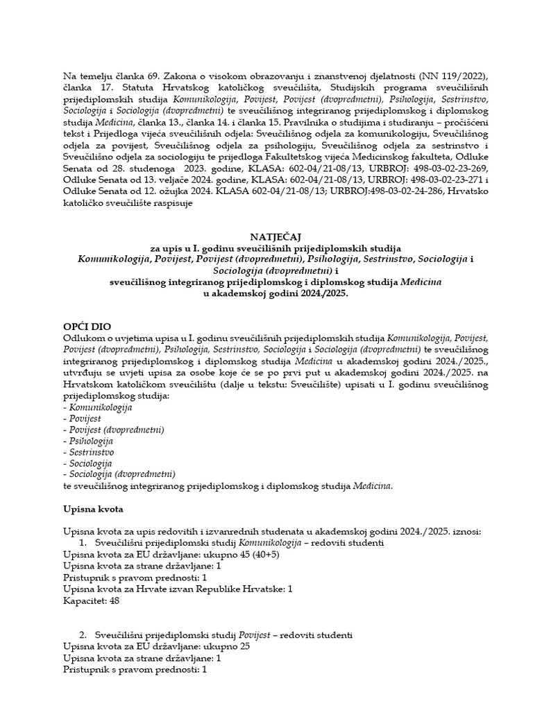 Natjecaj Prijediplomski I Medicina 2024. - 2025 Za Web | PDF