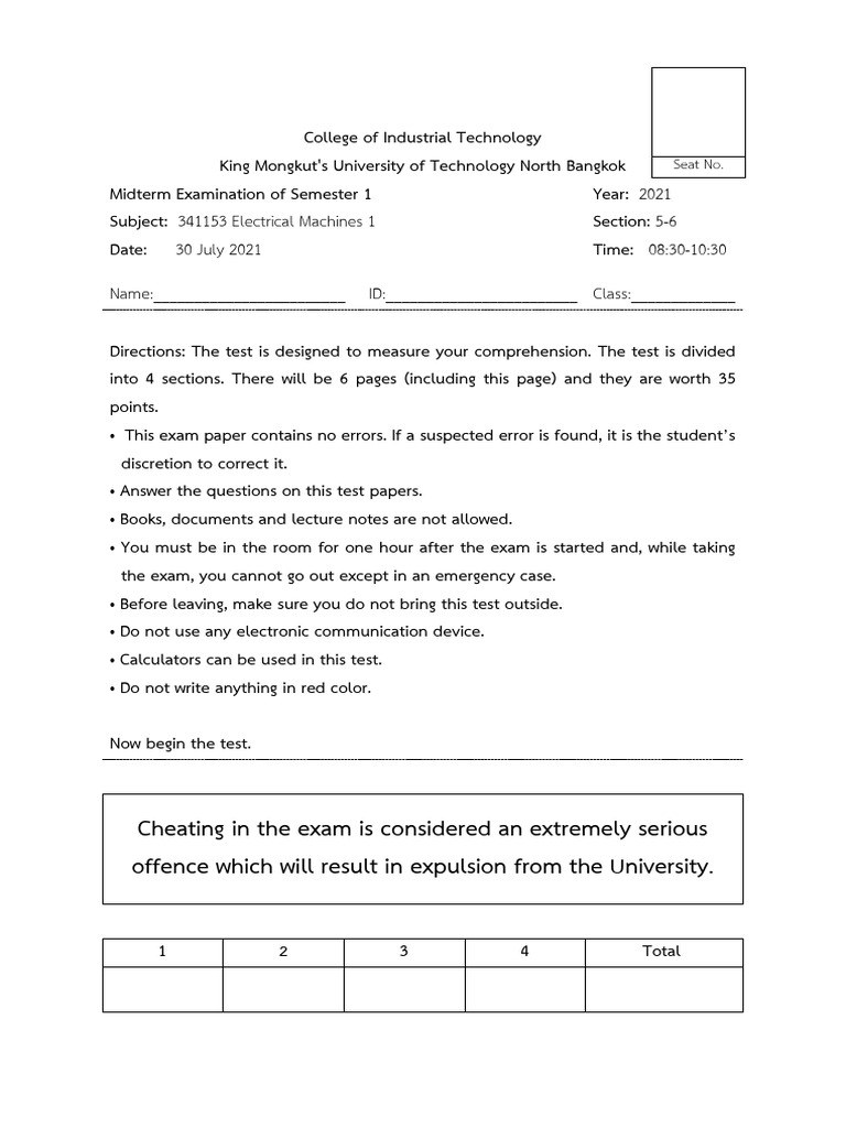 Electrical Machines 1 Midterm Exam 2021 | PDF | Electric Motor | Electric Generator