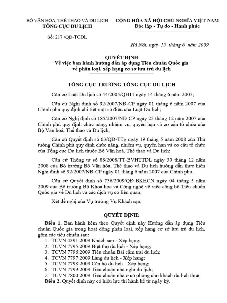 VB QD217-2009-TCDL Phan Loai Xep Hang Khach San | PDF