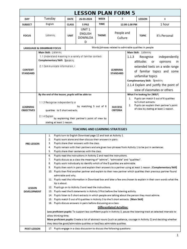 Lesson 4 Listening Pdf English Language Lesson Plan