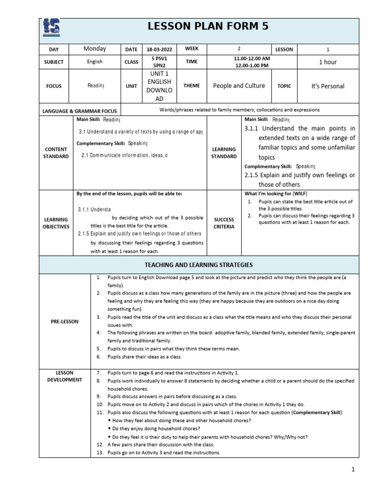 Lesson 1 Reading | PDF | English Language | Lesson Plan