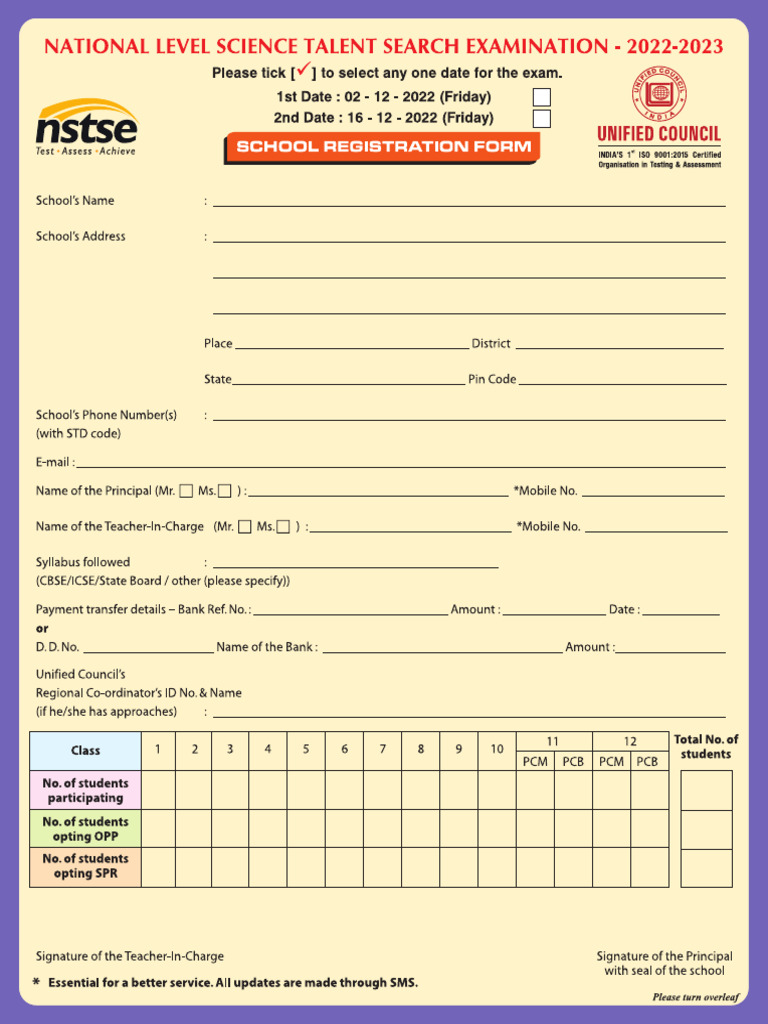NSTSE - 2022-2023 School Registration Form | PDF