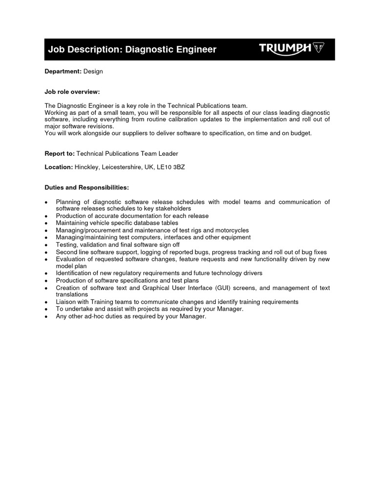 Diagnostic Engineer (DE288) Job Description and Person Specification ...