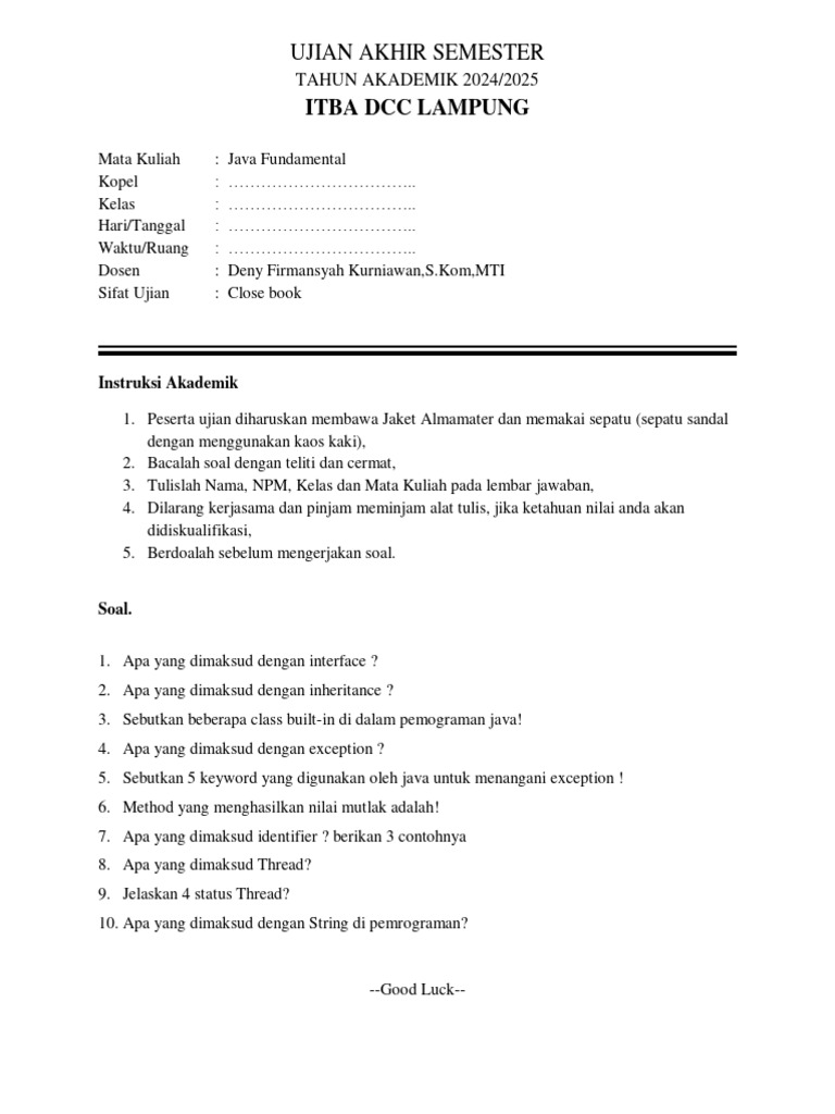 UAS(Java Fundamental)2024 | PDF