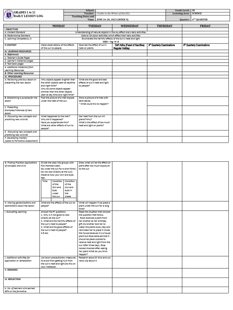 DLL - Science 3 - Q4 - W9 | PDF | Learning | Behavior Modification