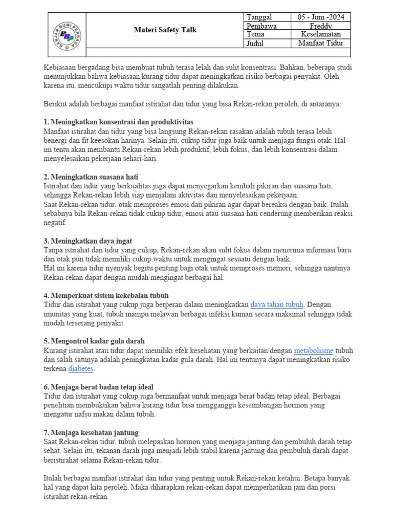 Materi Safety Talk 31 05 2024 | PDF