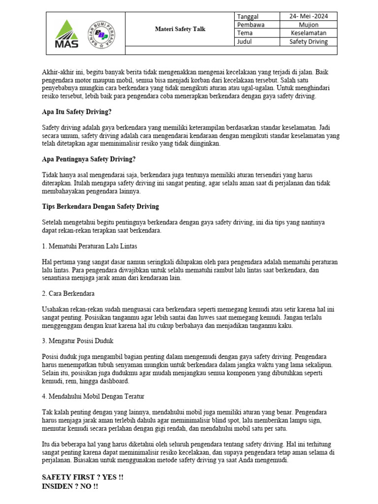 Materi Safety Talk 17 05 2024 | PDF