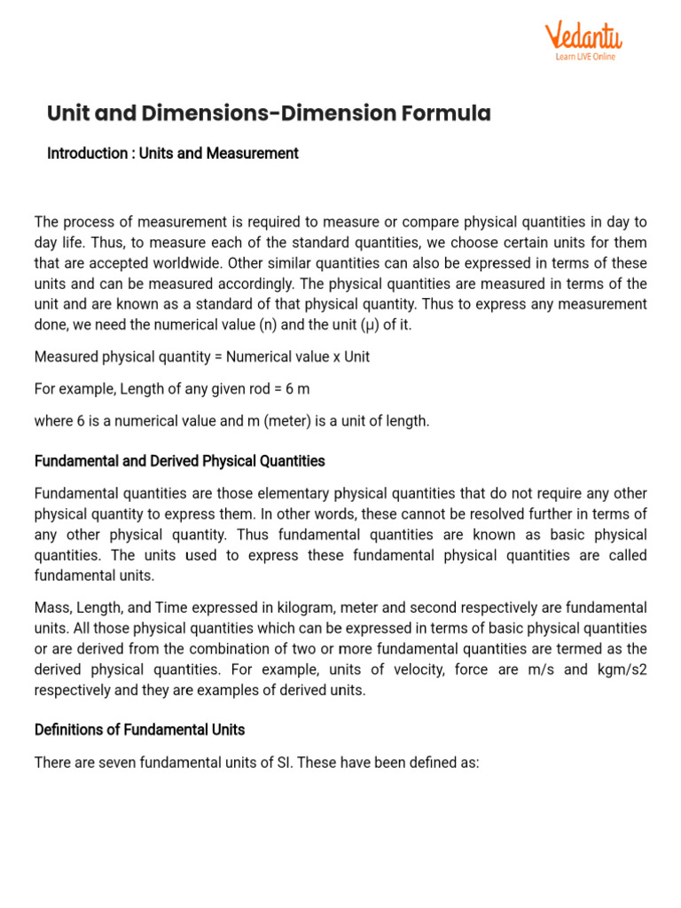 Unit and Dimensions-Dimension Formula | PDF