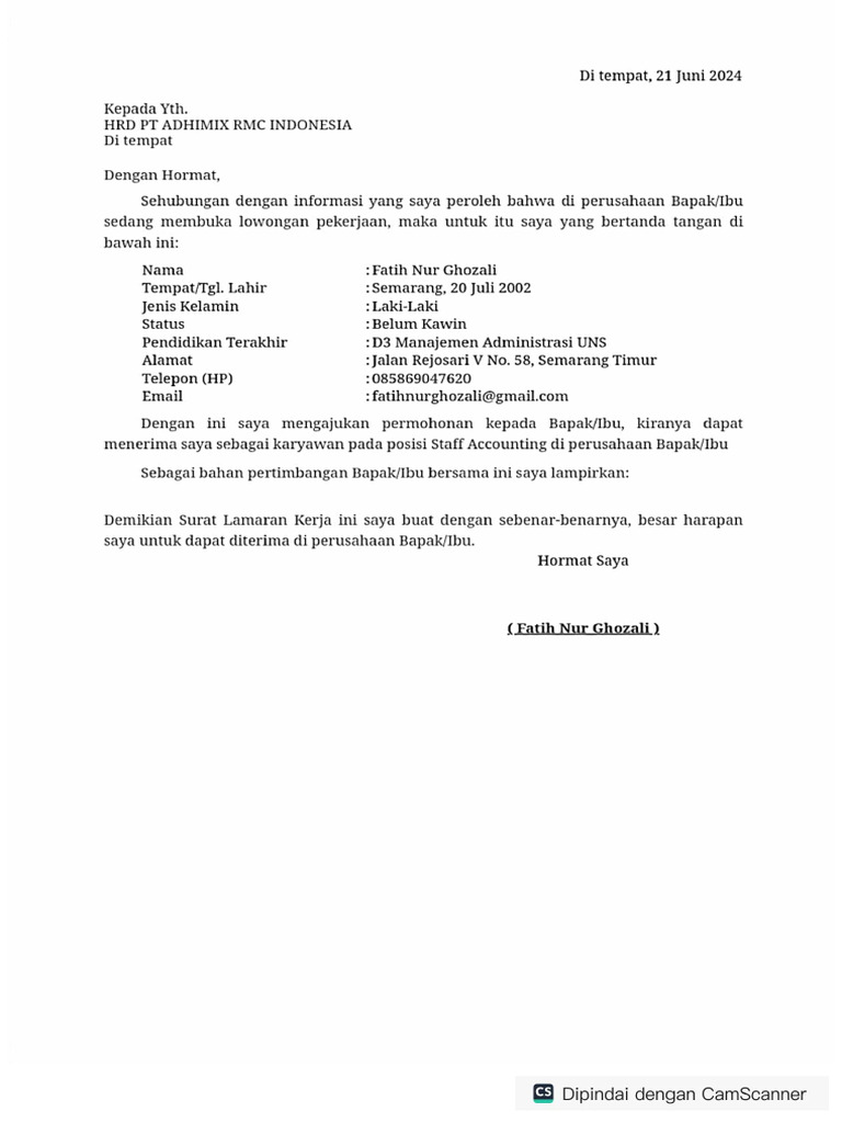 Surat Lamaran Kerja PT Adhimix | PDF