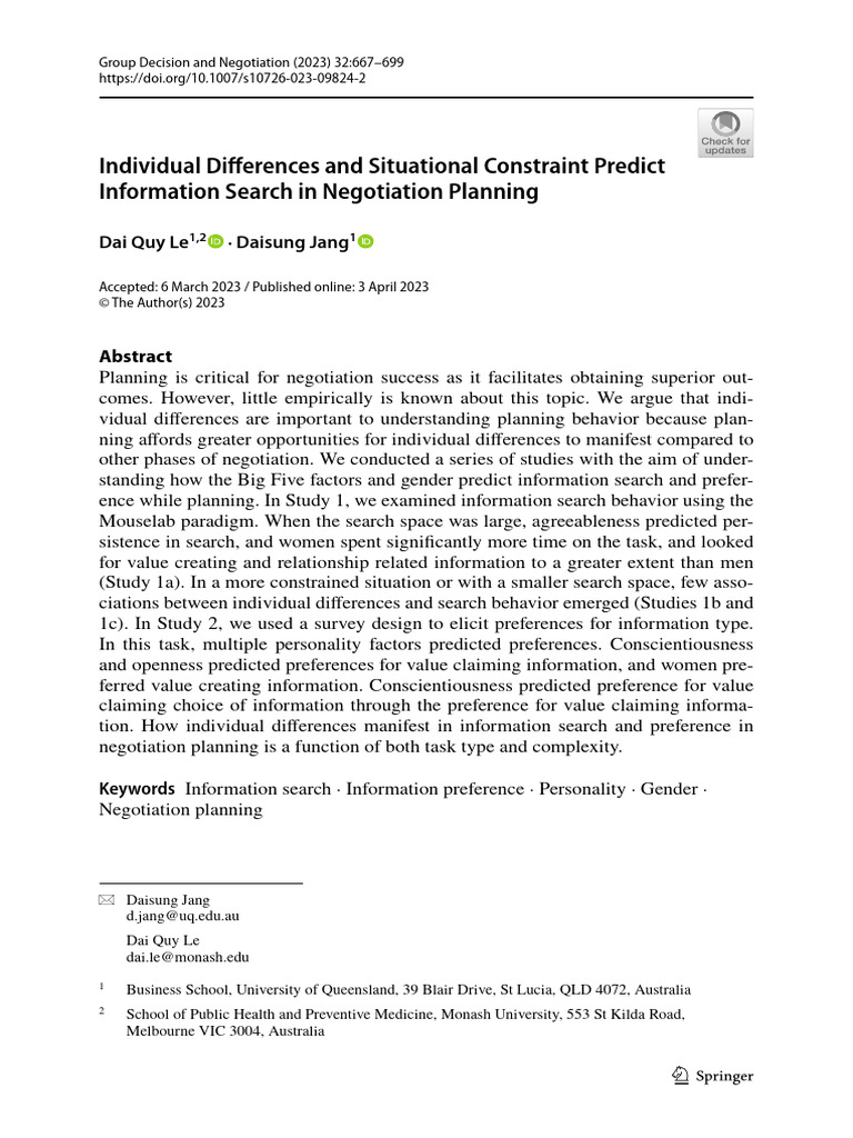 Individual Differences in Negotiation Planning | PDF | Negotiation ...