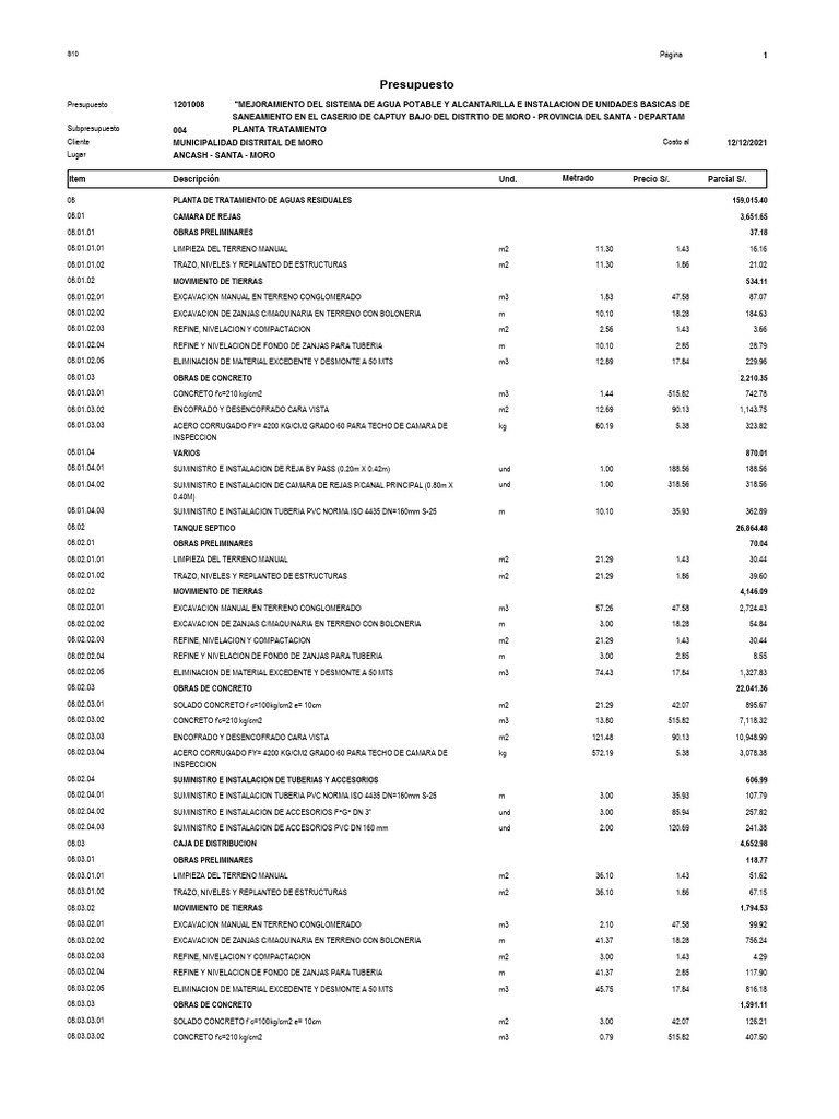 4.-Ppto Planta Tratamiento-Final | PDF | Albañilería | Ingeniería estructural