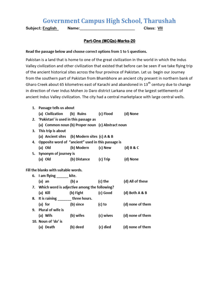 7th eng paper | PDF | Verb | Noun