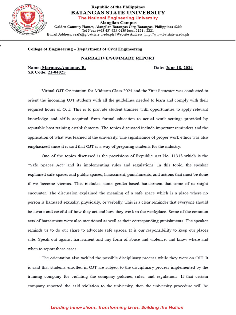 OJT Orientation Summary for Students | PDF | Harassment | Justice