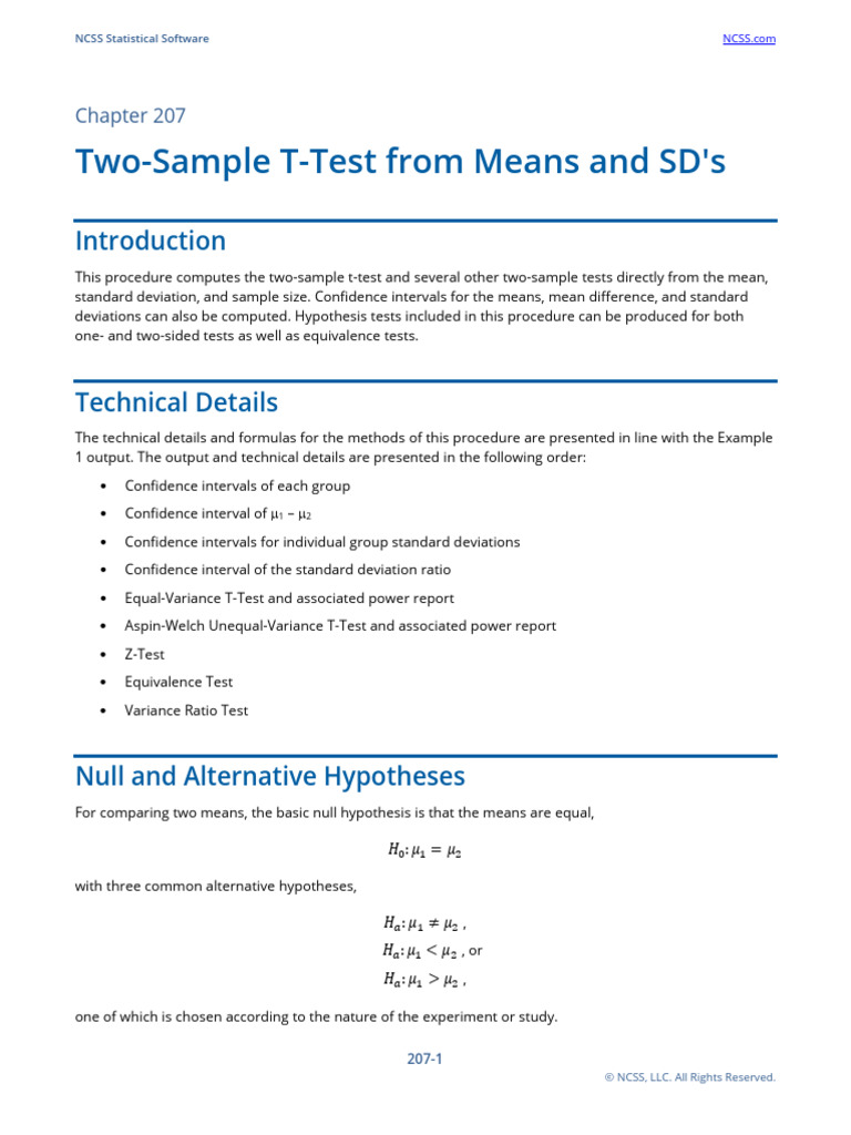 Two-Sample T-Test From Means and SDs | PDF | P Value | Student's T Test