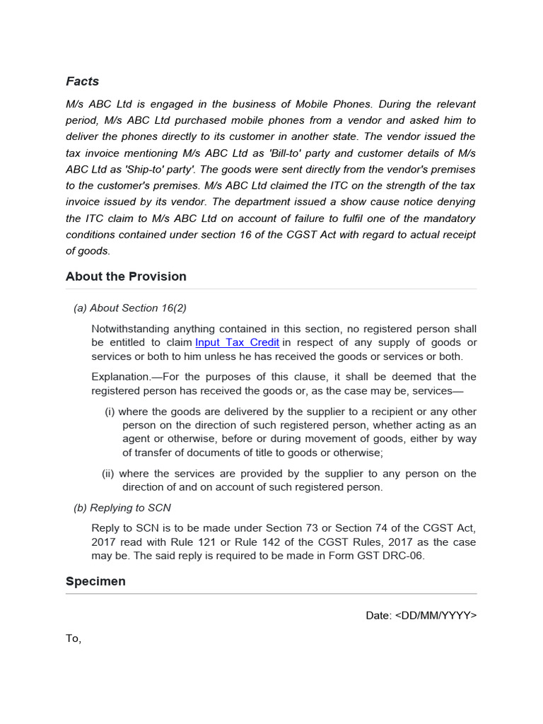 Specimen For ITC Denial Against Receipt of Goods | PDF | Receipt ...
