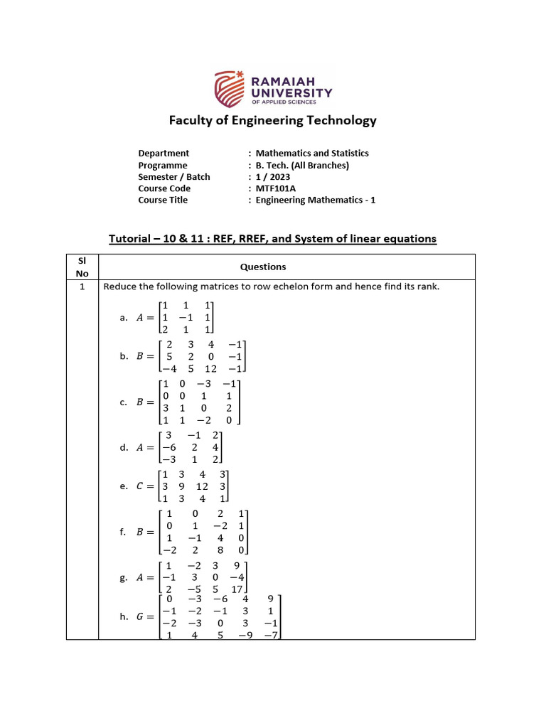Engineering Math: REF, RREF, Linear Systems | PDF | Applied Mathematics | Mathematical Concepts
