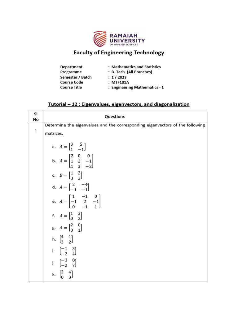 MTF101A - Tutorial-12 - Eigenvalues, Eigenvectors, and Diagonalization ... MTF101A - Tutorial-12 - Eigenvalues, Eigenvectors, and Diagonalization ...