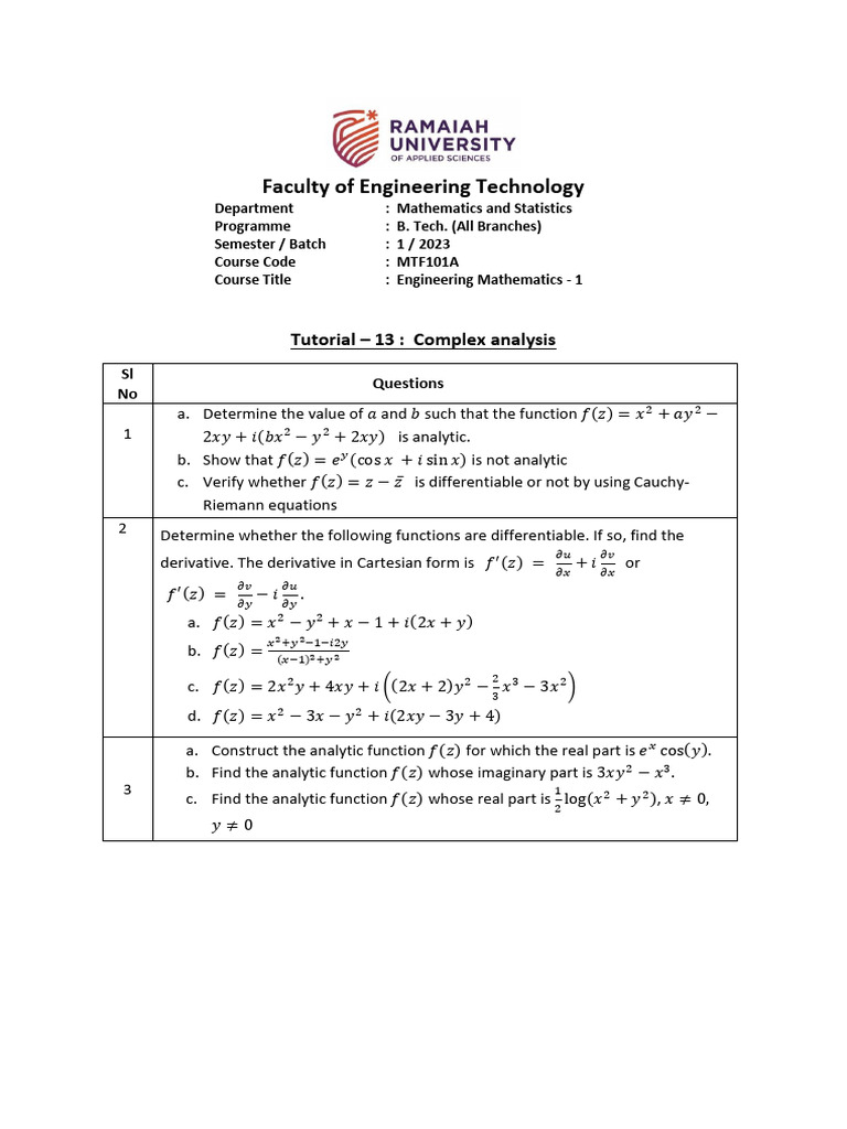 MTF101A - Tutorial-13 - Complex Analysis | PDF | Complex Analysis | Mathematical Analysis