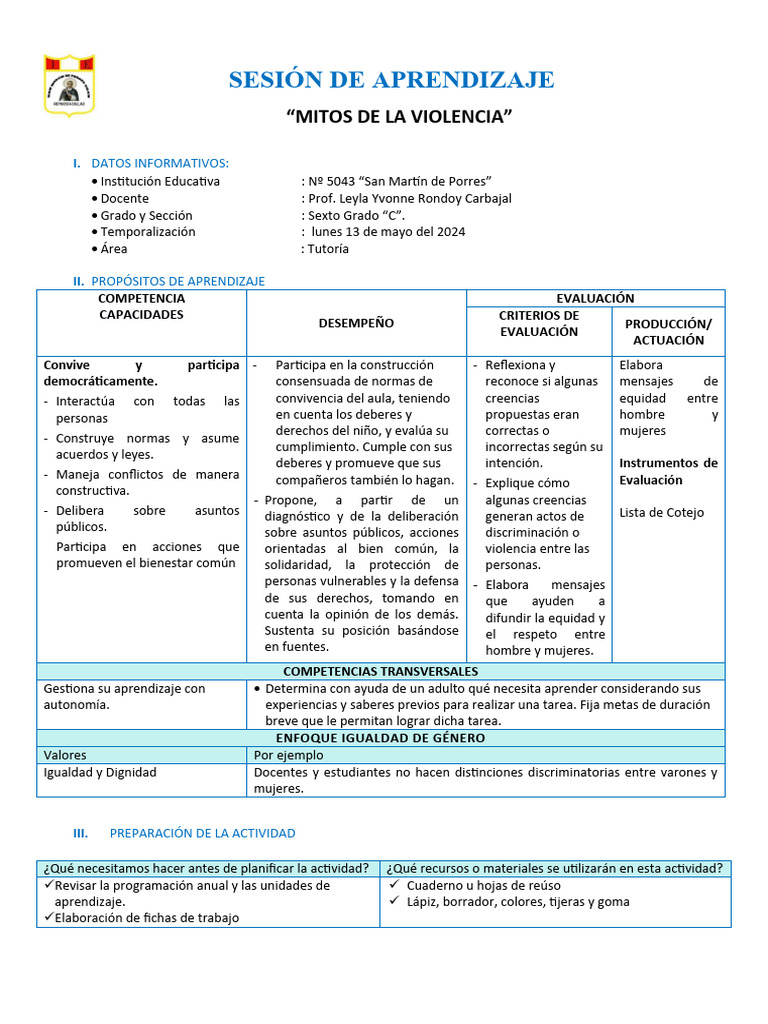 D1 Sesión Tut. Mitos de La Violencia | PDF | Evaluación | Violencia