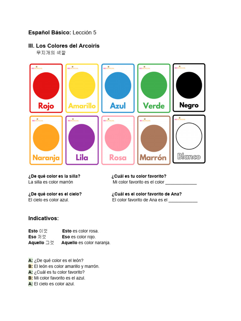 Spanish Colors Lesson | PDF | Color