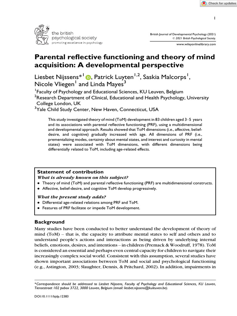 Parental Reflective Functioning and Theory of Mind | PDF | Theory Of ...